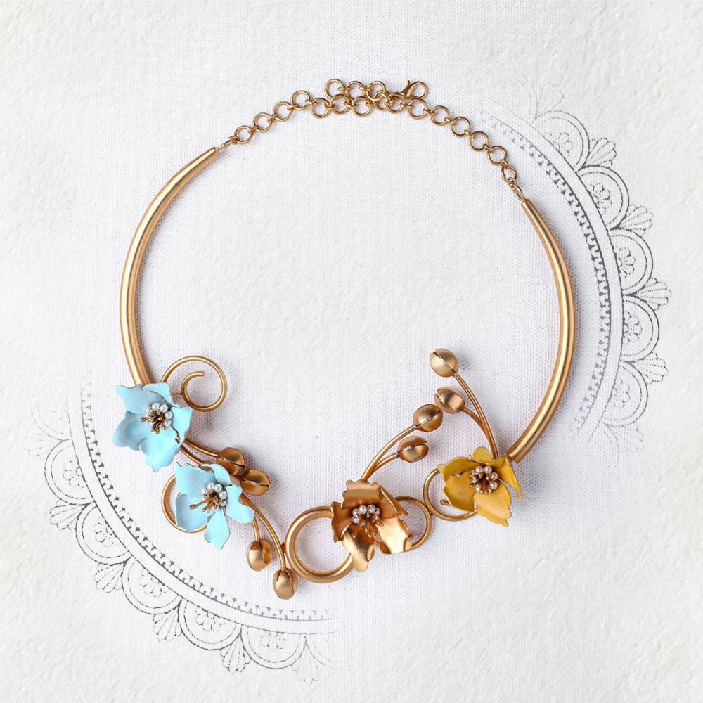 GOLD TONED COLLAR NECKLACE WITH ENAMEL LILIES & MOGRA BUD FLUTES ...